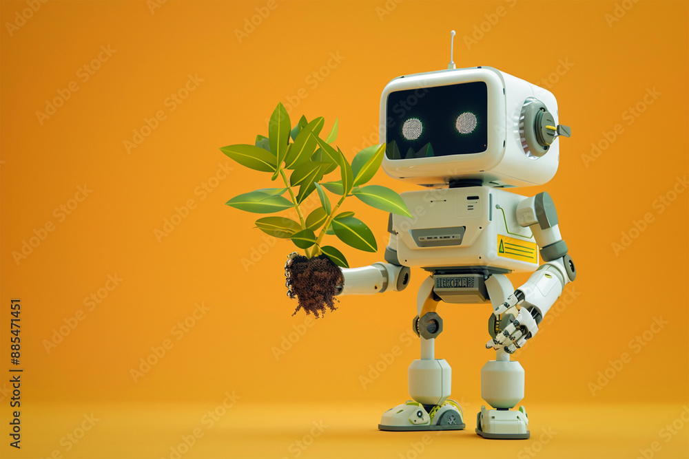 Cute robot Holding a Plant in a yellow Background, Robot Gently Holding ...