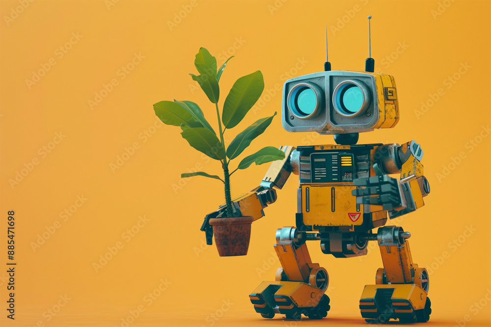 Cute robot Holding a Plant in a yellow Background, Robot Gently Holding ...
