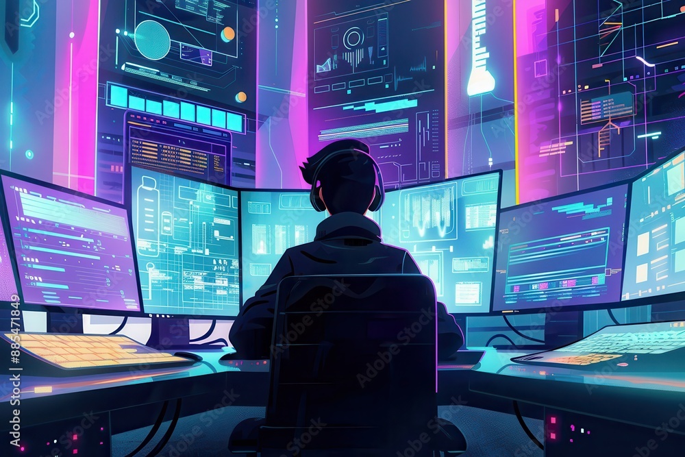 Person at a high-tech control center with multiple screens, showcasing ...