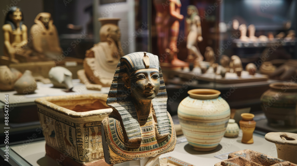 An exhibit showcasing ancient Egyptian artifacts with a detailed statue ...
