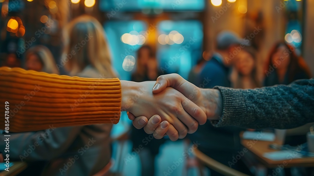 A friendly handshake between two people at a networking event, with a ...
