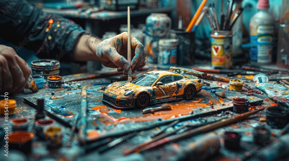 A detailed close-up of someone painting a detailed model car ...