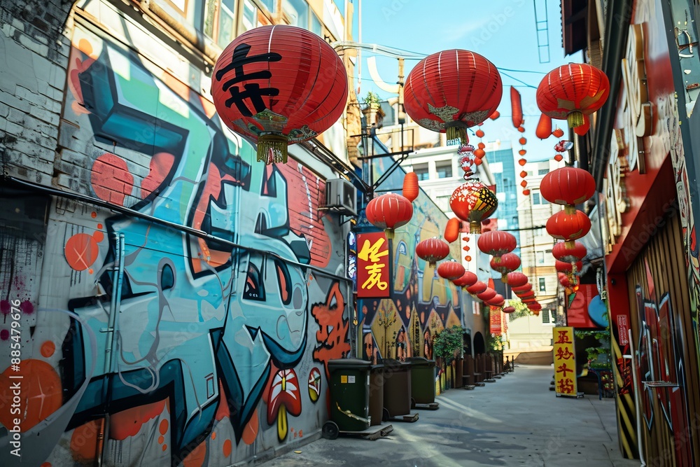 D "75" in a graffiti street art style on an urban Chinese National Day ...