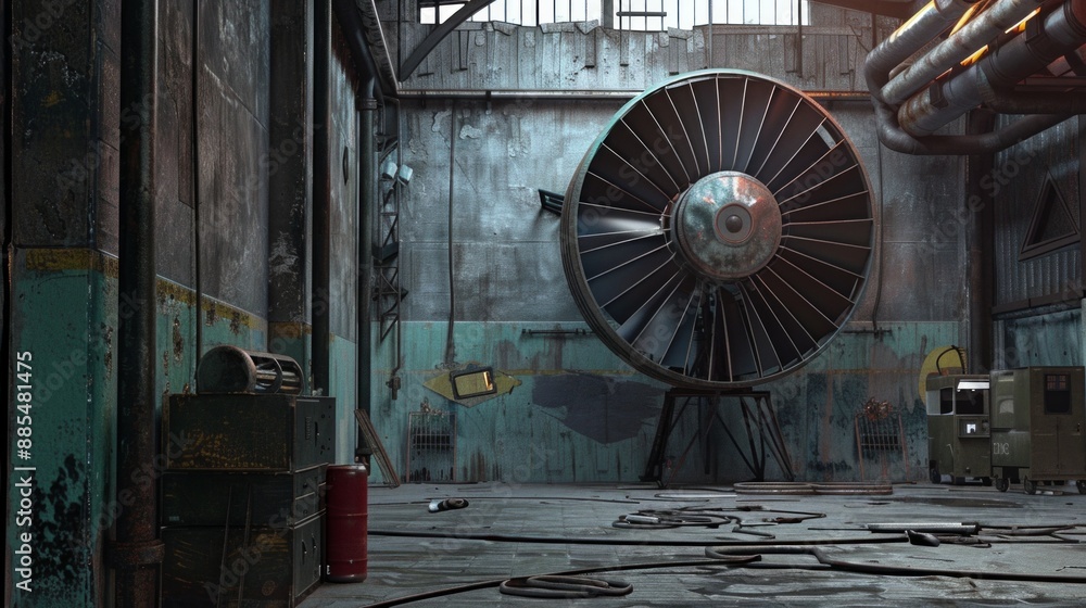 Visualize a powerful industrial fan in a warehouse setting, with ...