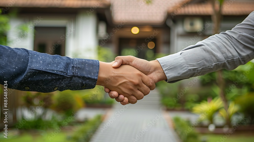 A handshake between two neighbors in a front yard, with houses ...