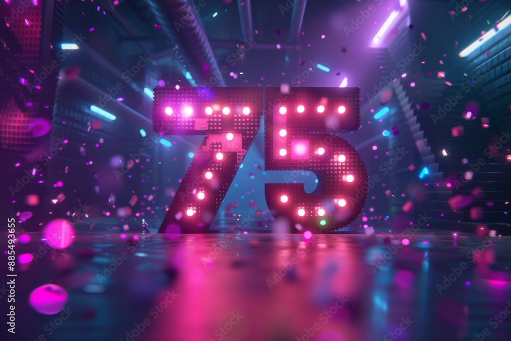 3D "75" in a pixelated video game style on a festive background with ...