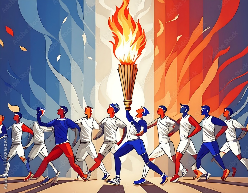 simplified image olympic torch relay runners passing torch adorned ...
