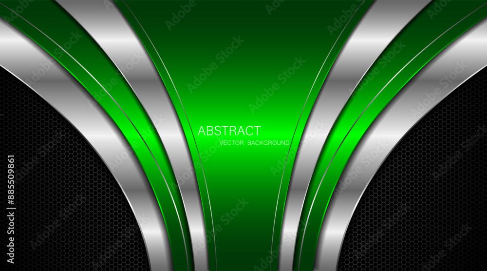 Abstract green and silver curves with silver lines on dark steel mesh ...