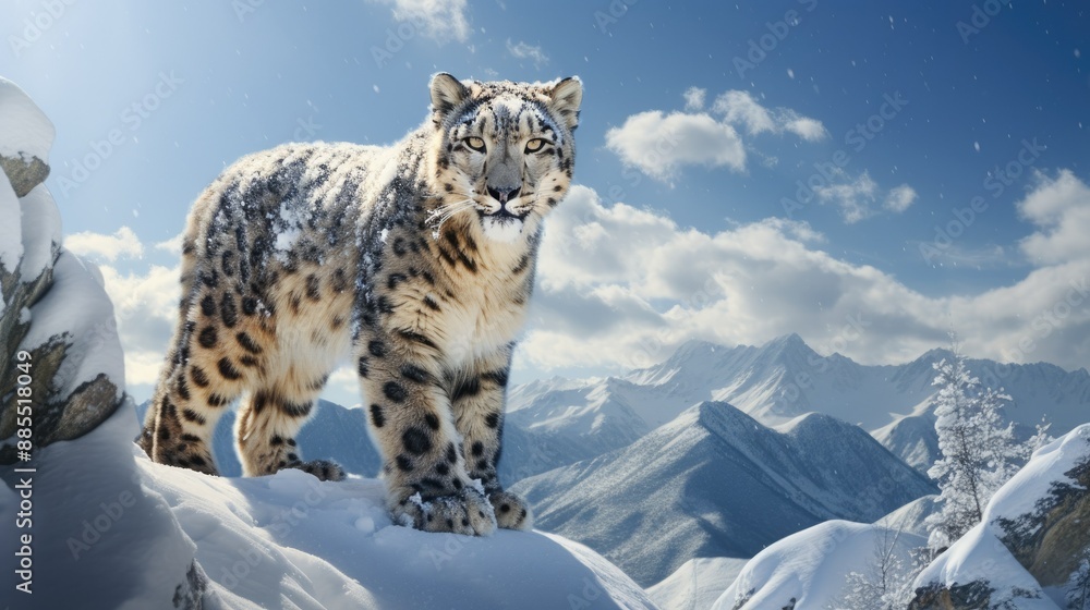 A solitary snow leopard prowling through the snow-capped peaks of the ...