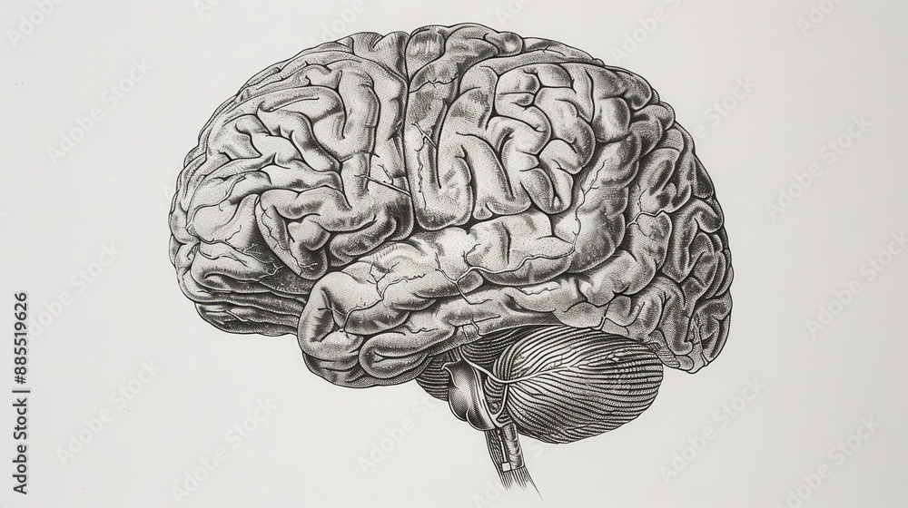 intricate monochrome etching of a human brain topdown perspective ...
