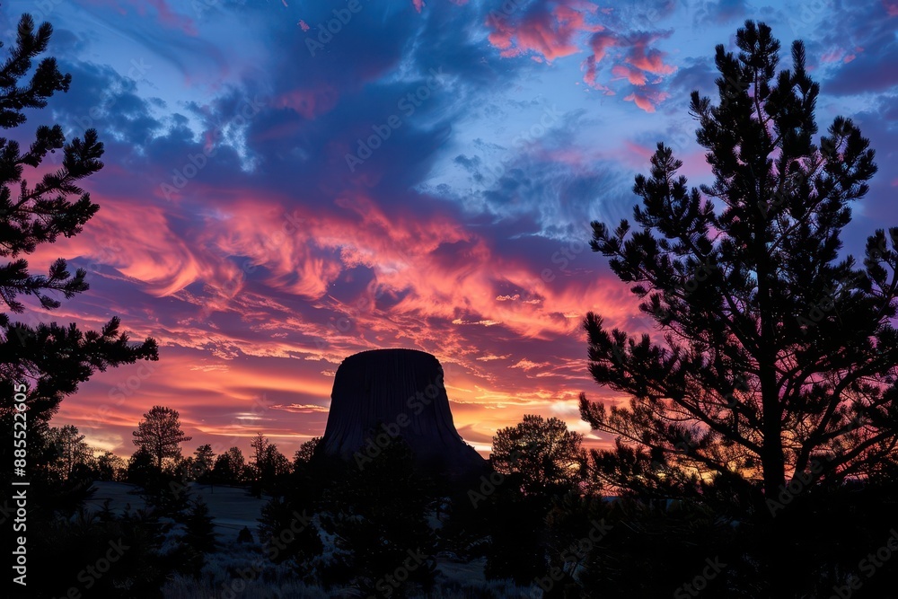 majestic devils tower silhouetted against vibrant sunset sky wispy clouds frame the monolith ...