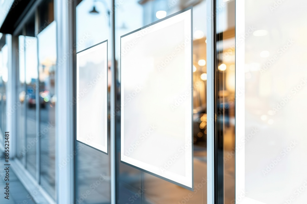 Empty posters on glass window display in urban setting with blurred ...