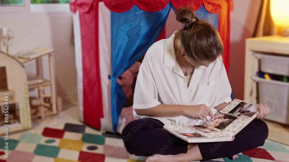 Young Woman Reminiscing with Family Album in a Colorful Room Stock ...