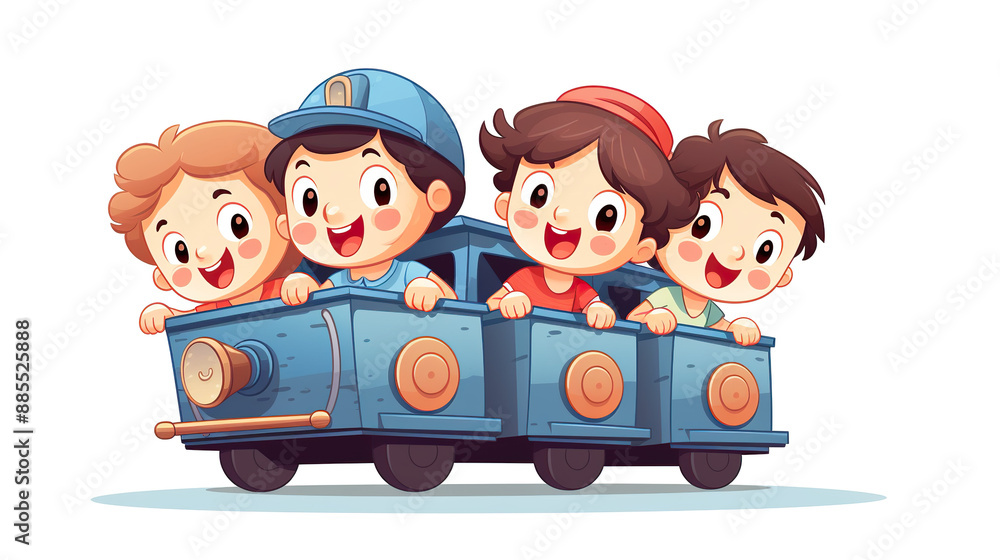 Happy children in a cartoon riding a train, isolated on a stark white ...