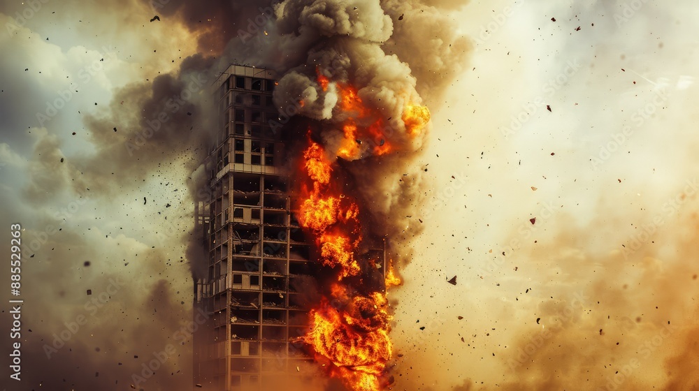 Photograph of a fiery explosion engulfing a tall building, with smoke ...