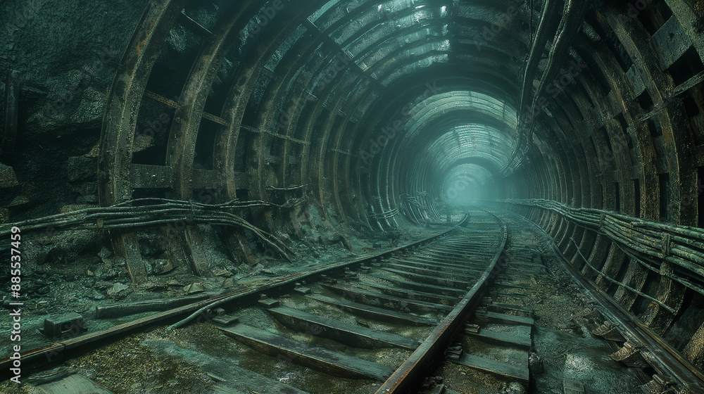 underground tunnel, characterized by its circular arches supported by ...
