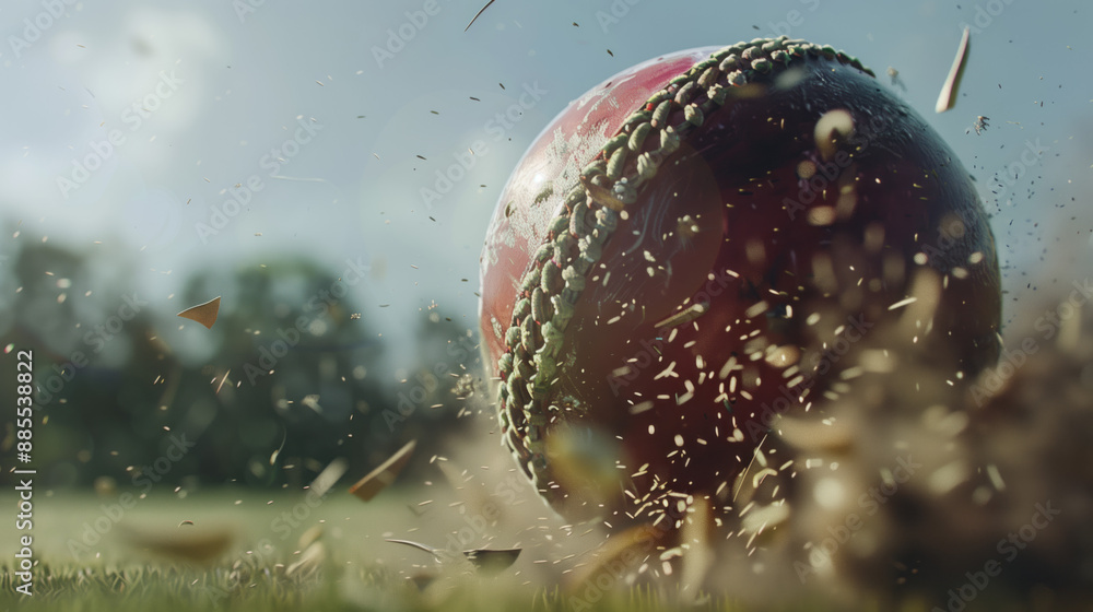 Cinematic and dramatic sports shot of a red coloured cricket ball with ...