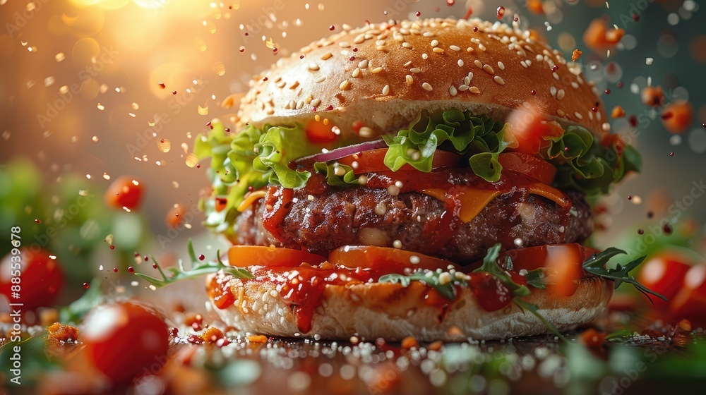 Sliced tasty juicy double beef cheese burger with fresh lettuce ...