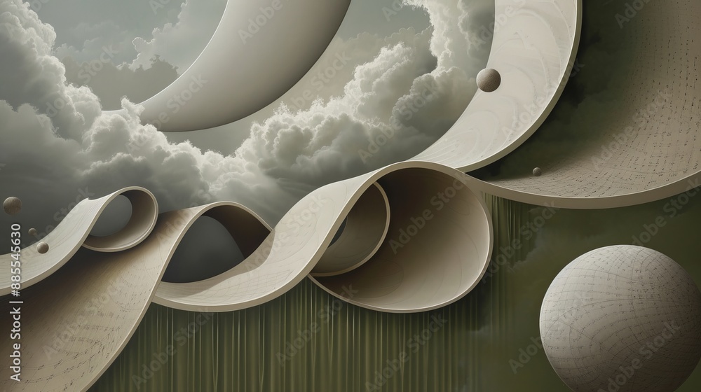 Abstract 3D illustration of curved shapes and celestial bodies. The ...