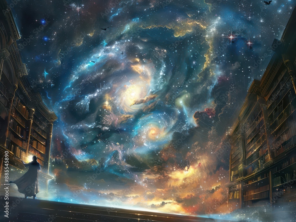 mystical cosmic library swirling galaxies and nebulae forming ...