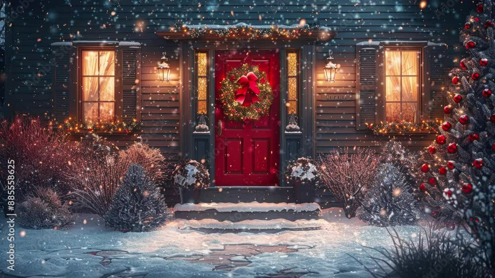 Christmas decorations in front of the house with falling snow. creating ...