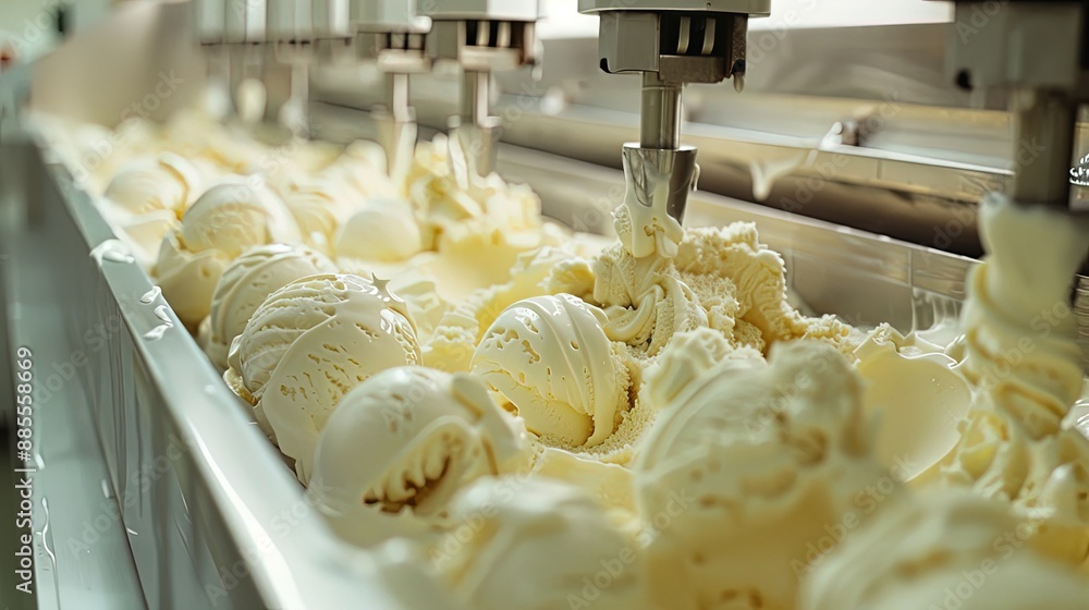 A simple and elegant ice cream manufacturing process, with machines churning ice cream, isolated ...