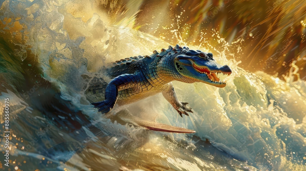 surreal scene of an alligator wakeboarding across turbulent waves the ...