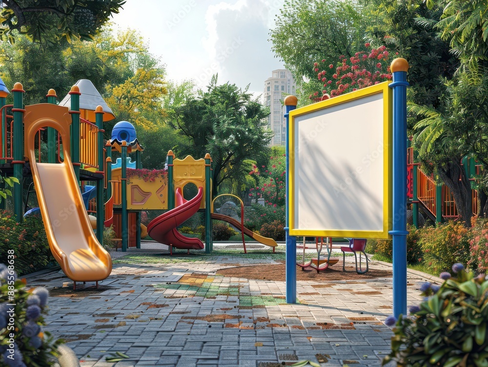 Poster A colorful urban park with playground equipment and a vertical ...