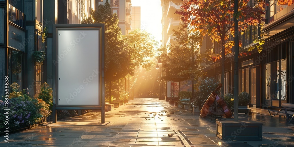 A dynamic city plaza with street musicians and a vertical blank white ...