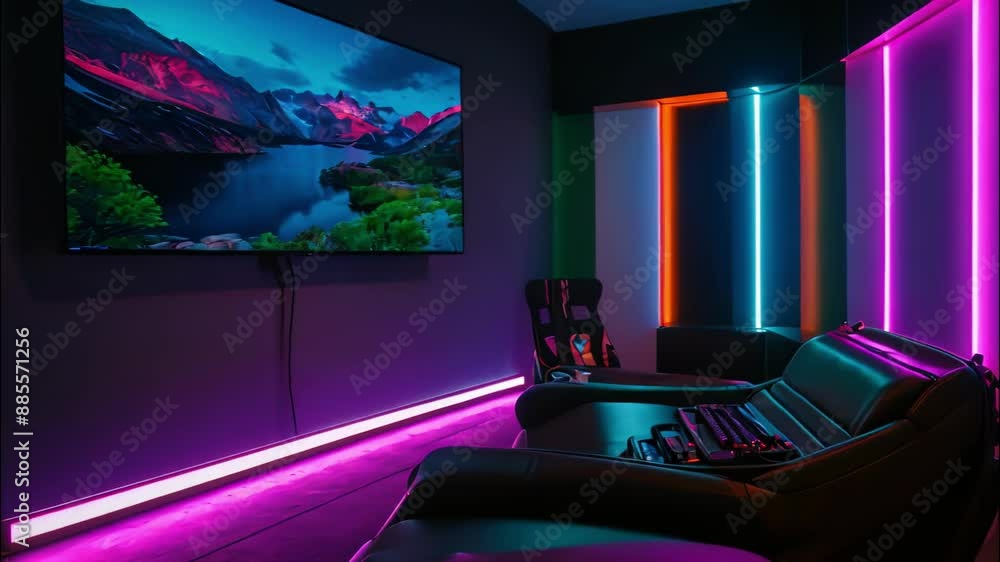 Video „Modern gaming room with LED neon lights, vibrant colors, and a ...