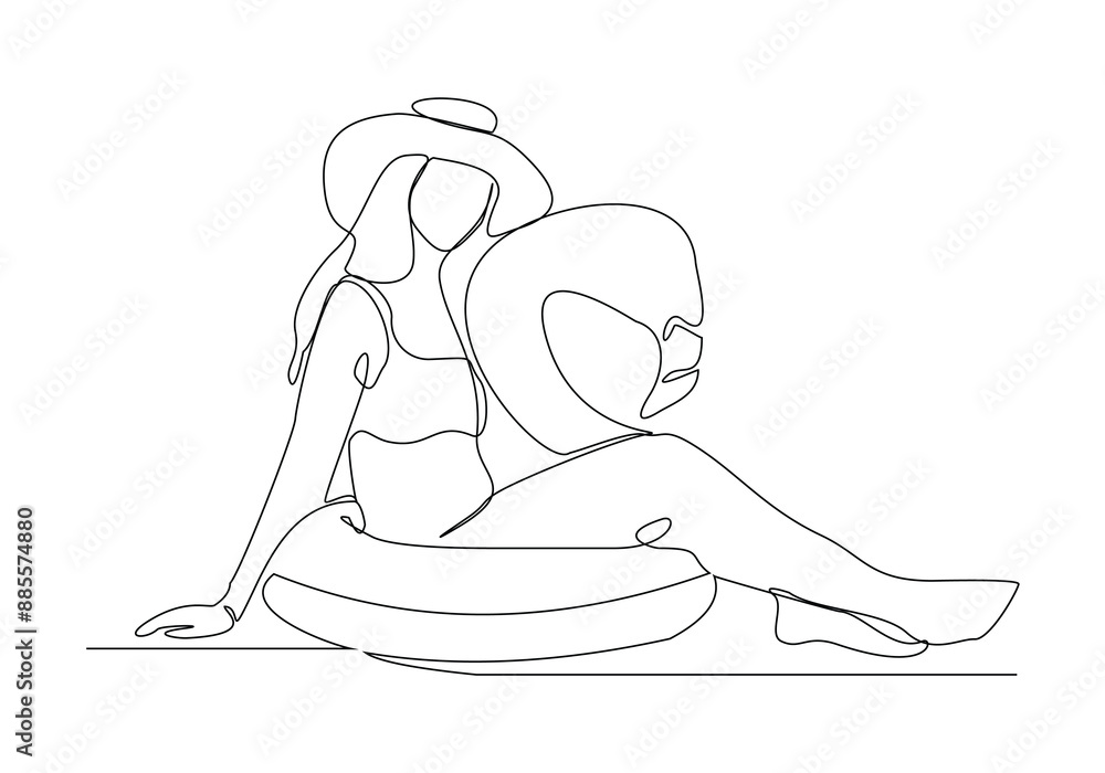 Continuous single line sketch drawing beach vacation summer travel ...