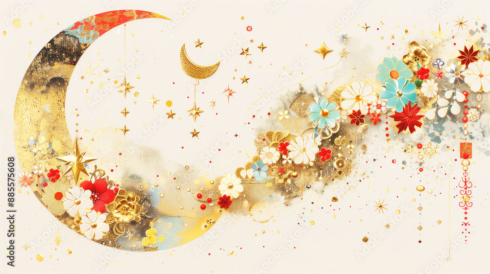 abstract ethereal moon background with warm golden glittering stars ...