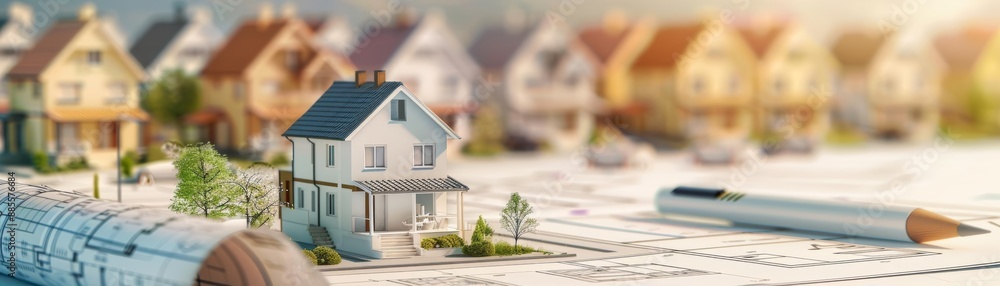 Hand-drawn sketch alongside a 3D model of a housing plan, selective ...