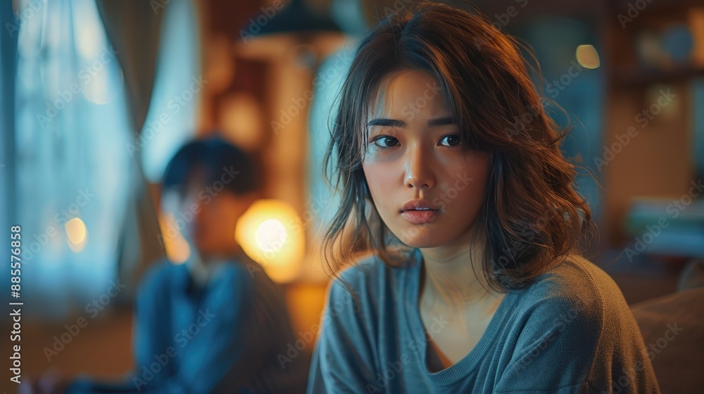 Breakup scene with an Asian couple, the young woman angry and upset ...