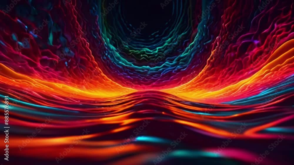 waves of neon colors rippling outwards from a central point, with an ...