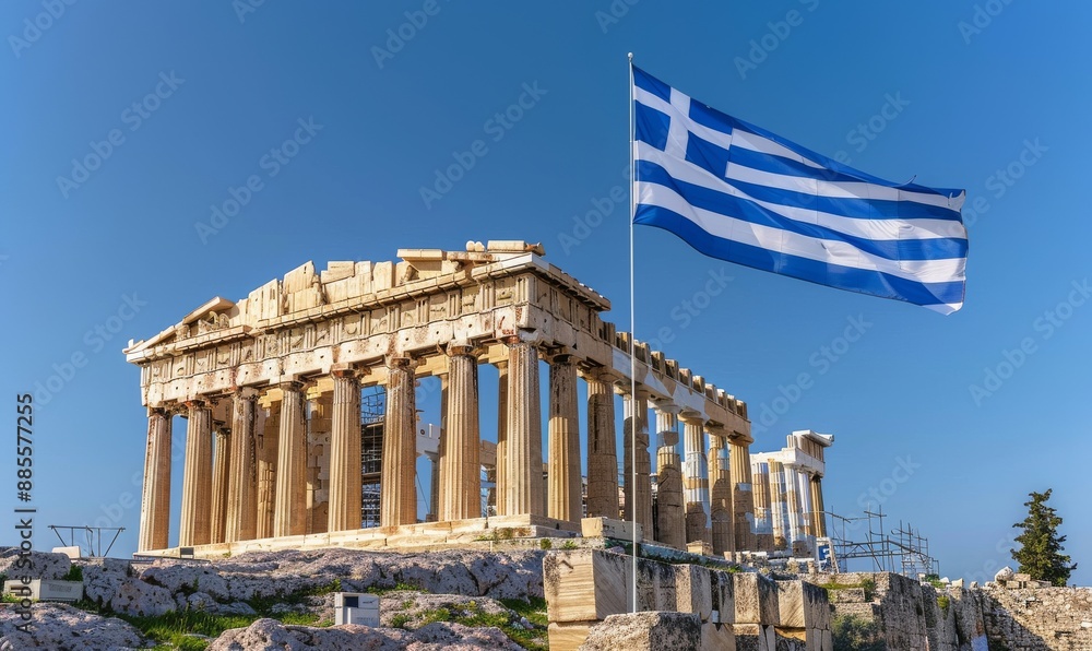 greek flag flying in front of the parthenon temple on mount patricia ...