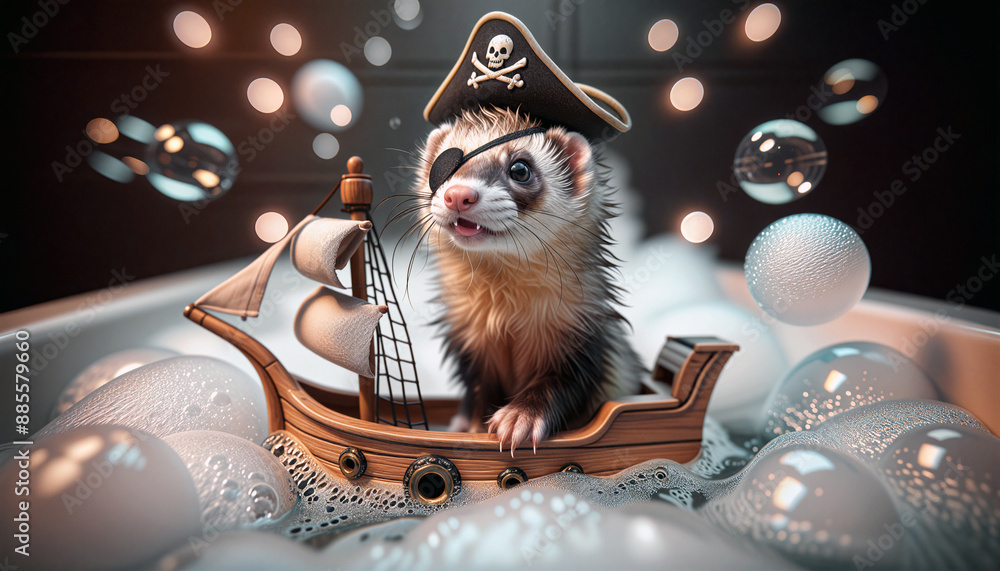 Cute ferret dressed as a pirate in a bubble-filled bathtub Stock ...