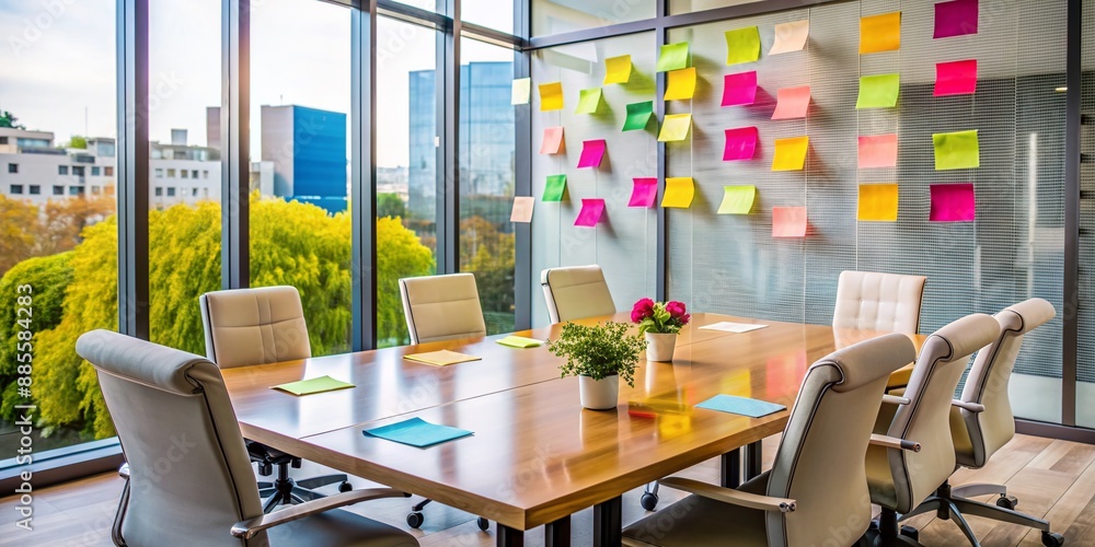 Colorful sticky notes and whiteboard brainstorming diagrams surround a ...