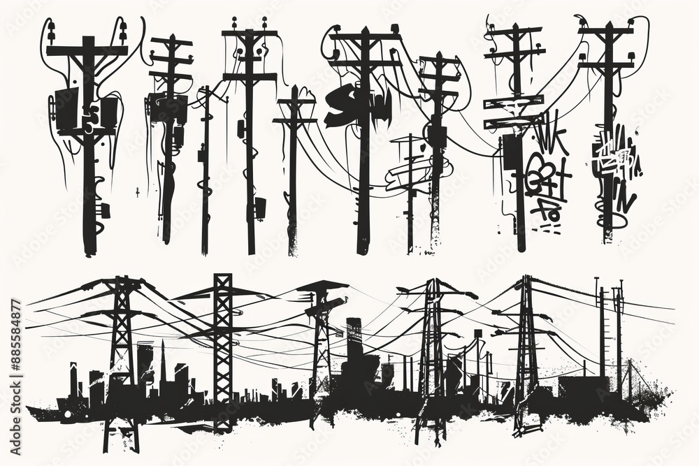 Power line icon, electric main graffiti spray symbol, electric line ...
