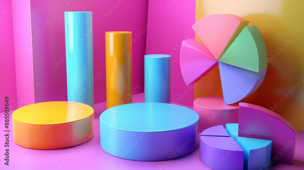 Pie graphs and bar charts are shown in a 3D illustration style, with ...