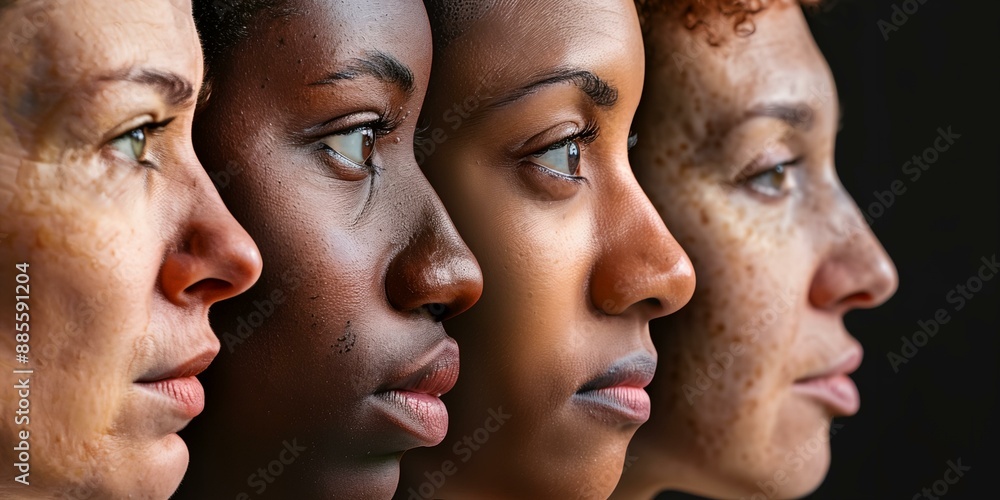 Four women with different skin tones and features are shown in a row ...