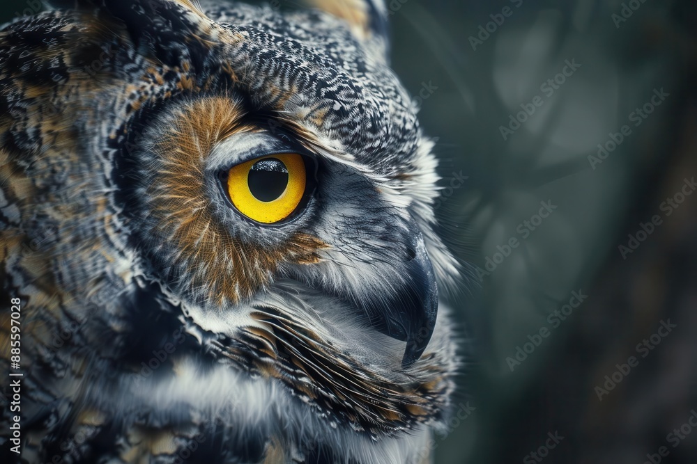 intense closeup of a great horned owls face highlighting its piercing yellow eyes and intricate ...