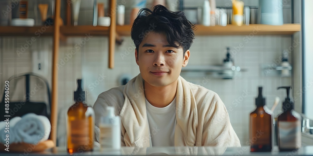 Skincare Routine and Cosmetics Products for Young Asian Men. Concept ...