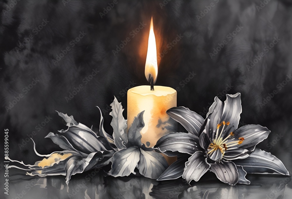 watercolor drawing of a black lilies and a white burning candle on a ...
