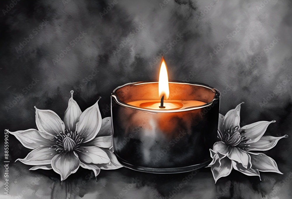 watercolor drawing of a black lilies and a black burning candle on a ...