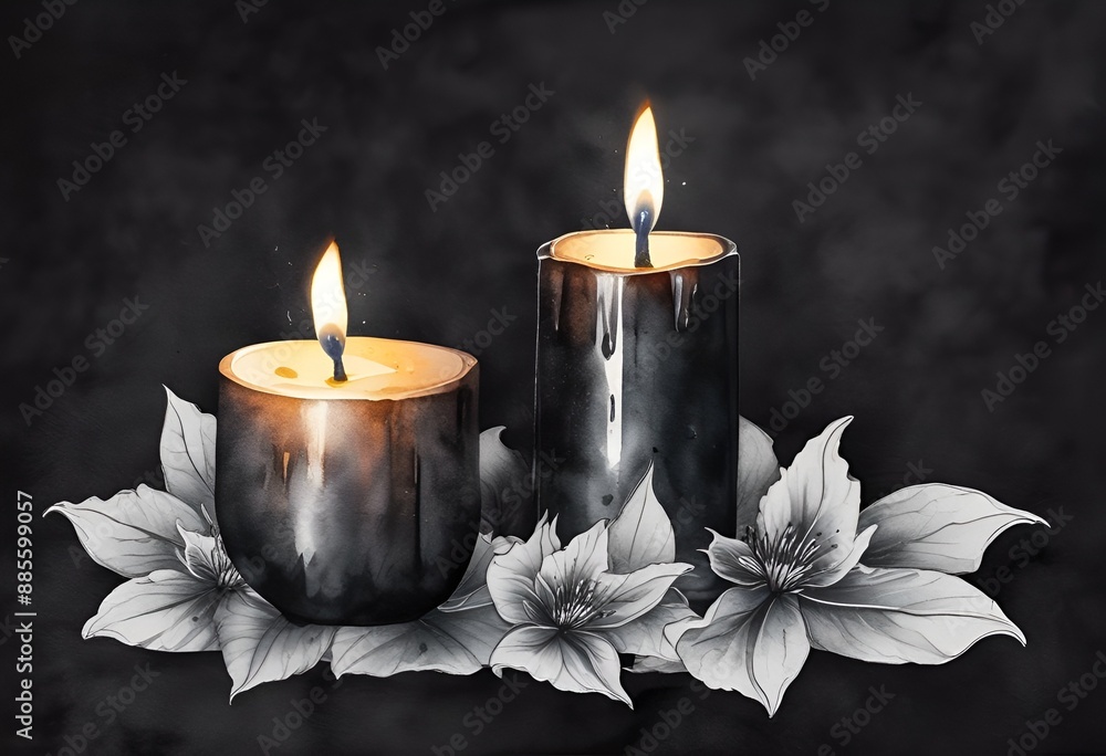 watercolor drawing of black burning candles between the leaves on a ...