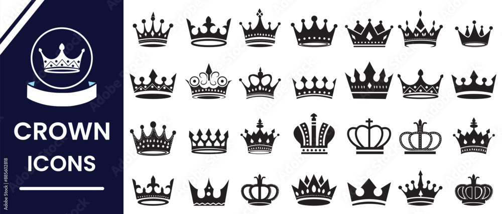 Crown icons, vector set. Crown vector, silhouette, icon. Crown symbol set. King, Princess crowns ...