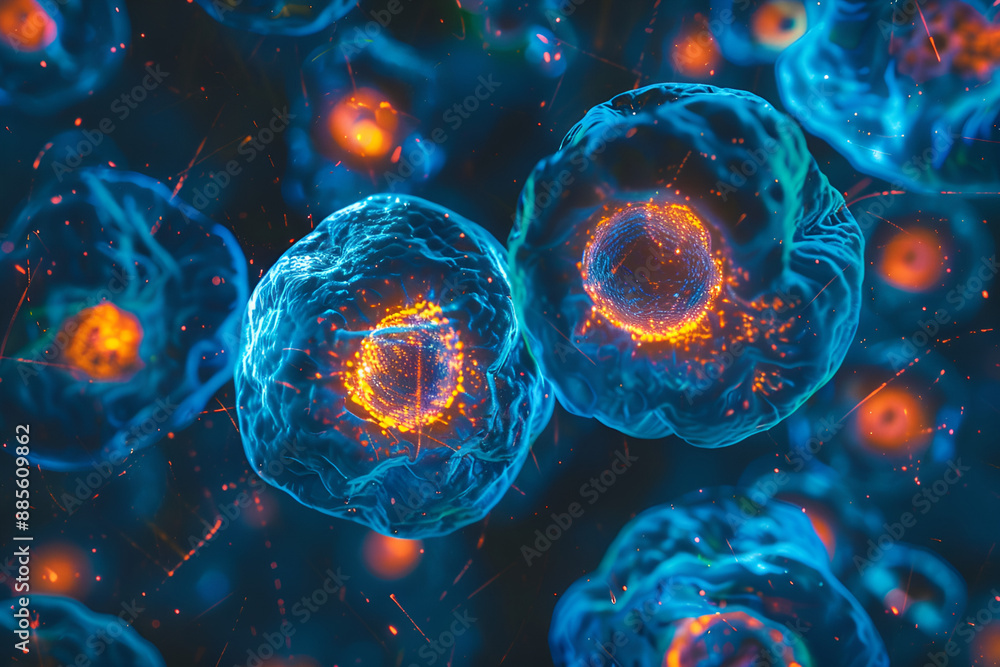 Cells under a microscope Cell division Cellular Therapy Human and animal cell under microscope ...