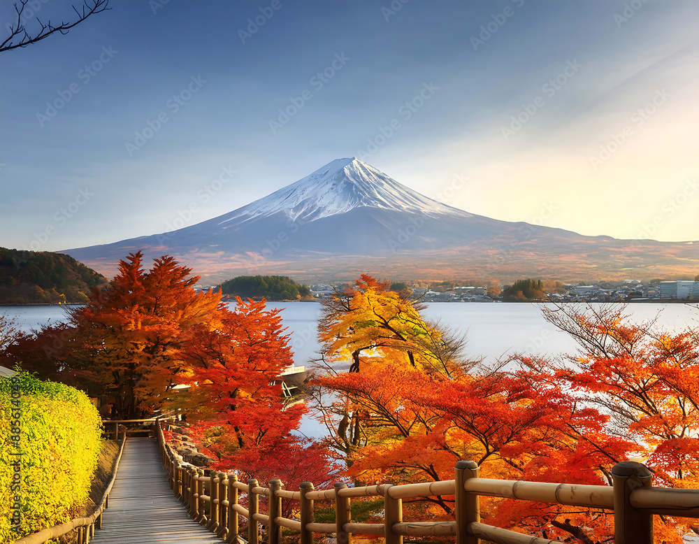 Mt. Fuji with Fall Colors in Japan- A stunning view of Mt. Fuji adorned with vibrant fa_1(232 ...