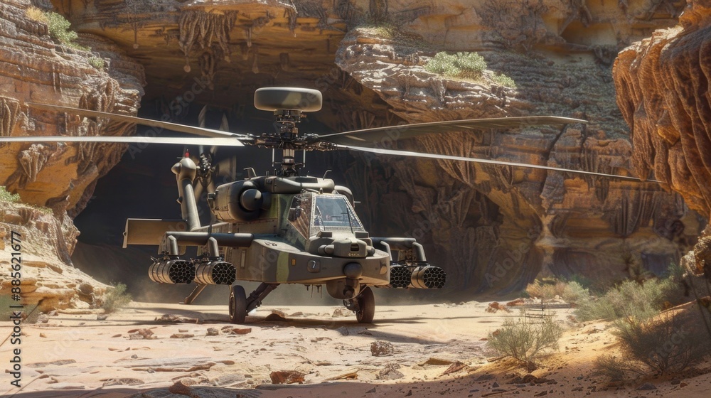An Attack Helicopters AH-64 Apache emerges from a hidden desert cave ...